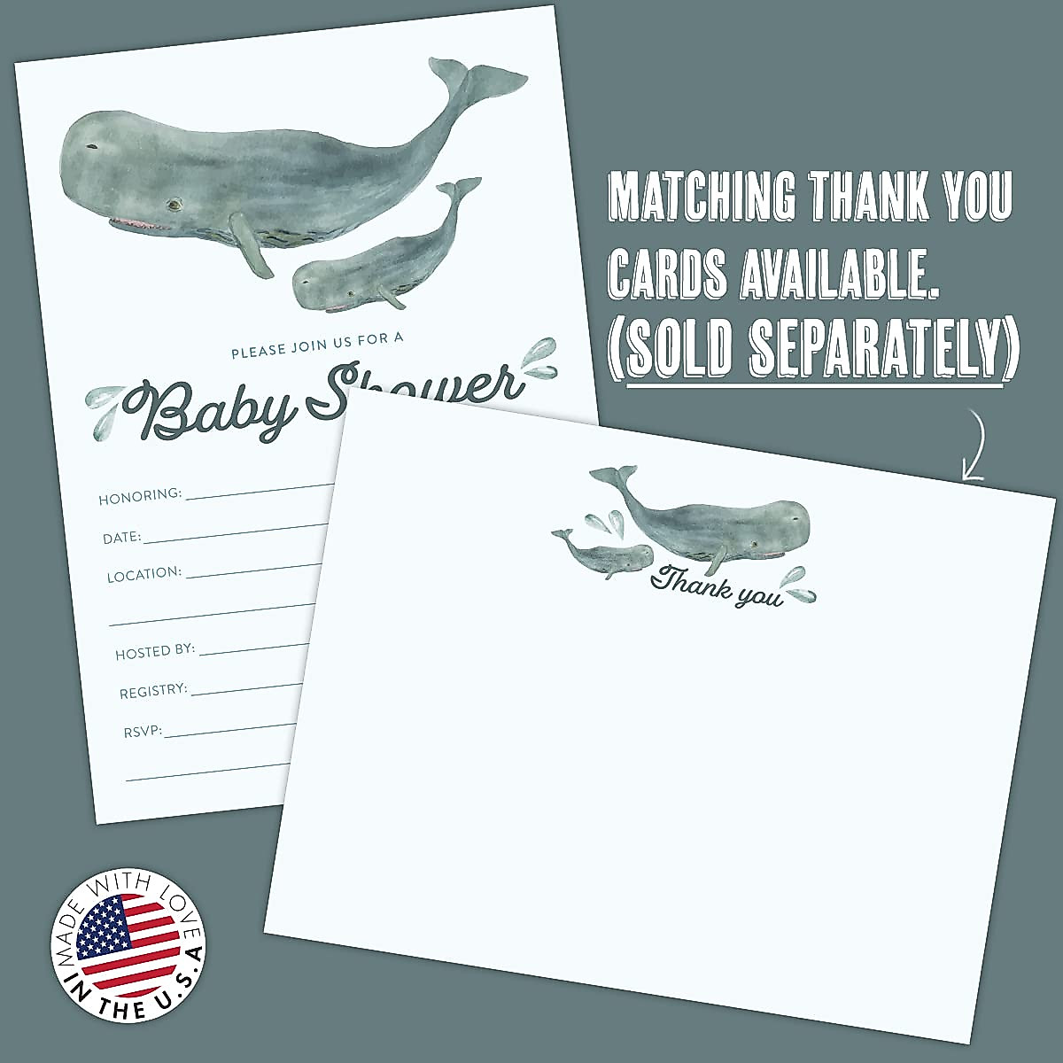 Koko Paper Co Whale Baby Shower Invitations | 25 Fill-in Invitations and Envelopes | Printed on Heavy Card Stock.