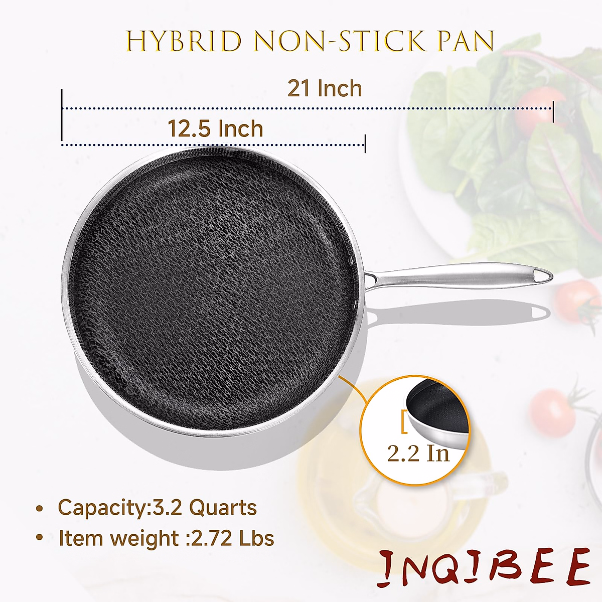 Inqibee 12-Inch Hybrid Tri-Ply Stainless Steel Sauté Pan,Non-stick Frying Pan with Lid,Skillet,Induction Chef's Pan,Heavy Duty and Oven Safe,Detachable Handle.