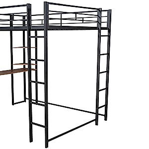 ATY Metal Full Size Loft Bed with 2 Shelves and 1 Desk, Sturdy Bedframe w/Two Ladders & Safety Rails for Kids Teens Adults, No Box Spring Needed, Black
