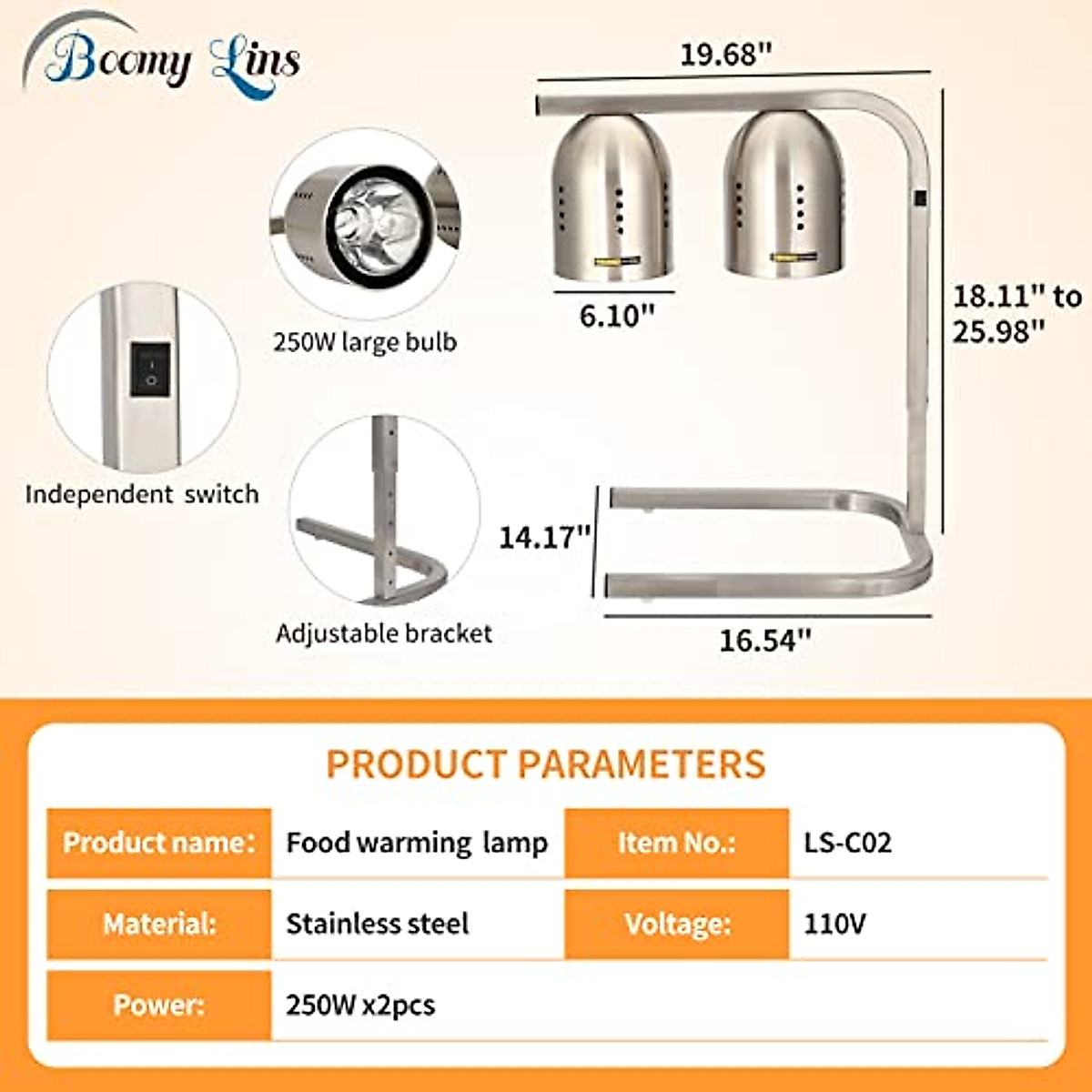 BOOMY LINS Commercial Food Heat Lamp, Electric Food Warmer 2-Bulb, Adjustable Frame, Removeable Part, Keep Food Warm Lamp Portable