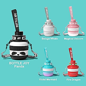 BOTTLE JOY Stainless-Steel Water Bottle: Kids Water Bottle, Leakproof Lid, Perfect Sip, Double Insulated, Eco-Friendly, Dishwasher Safe & Stylish Strap, Gifts for Kids (Panda, 16 oz)