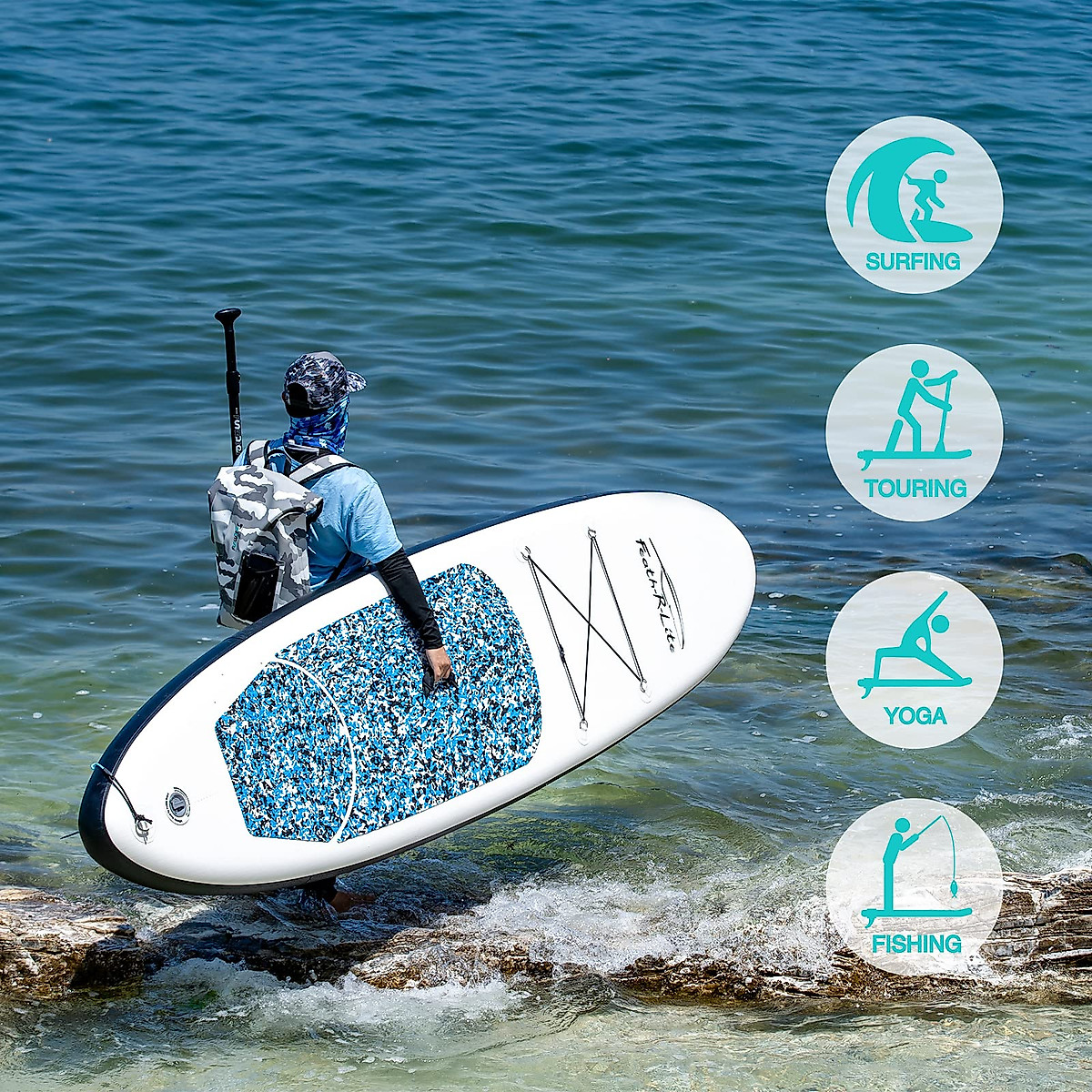 FEATH-R-LITE Inflatable Stand Up Paddle Board 10'x30''x6'' Ultra-Light (16.7lbs) SUP with Paddleboard Accessories,Three Fins,Adjustable Paddle, Pump,Backpack, Leash