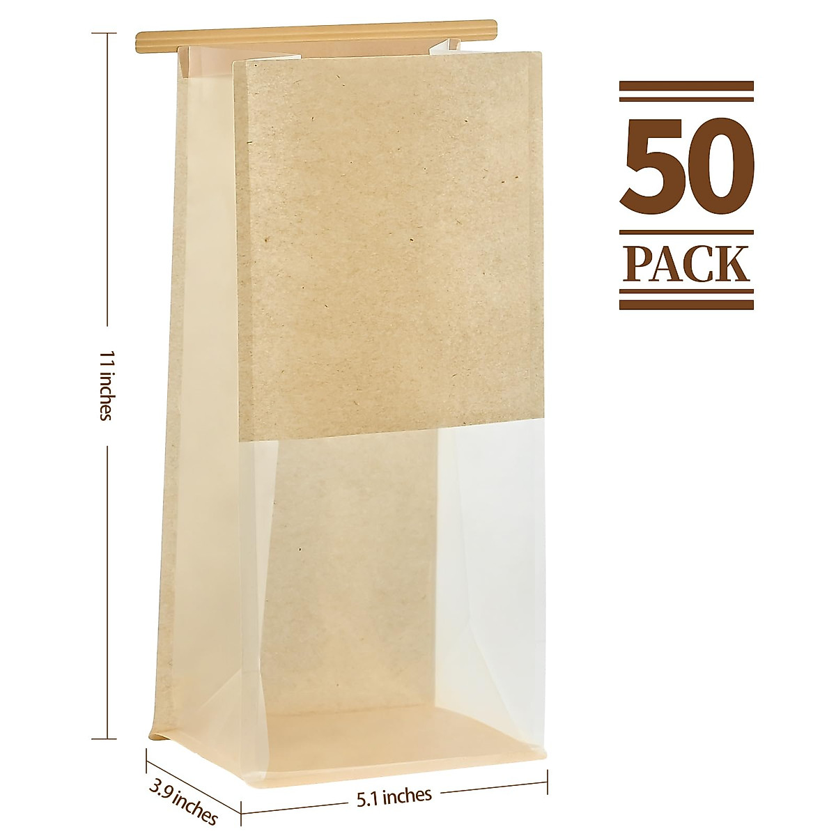 Ohuimrt 50 PCS Bread Bags for Homemade Breads, 5.1 x 3.9 x 11 Inches Brown Kraft Paper Bakery Bags with Tin Tie Tab Lock Sourdough Bread Bags with Window Baked Foods Packaging Storage