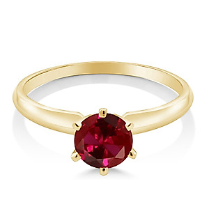 Gem Stone King 14K Yellow Gold Red Created Ruby Engagement Ring | 1.00 Cttw | Round 6MM | Wedding Solitaire Anniversary Promise Gold Ring For Women | Available In Size 5, 6, 7, 8, 9