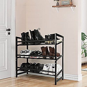 DILA Expandable Shoe Rack for Closet Entryway, 3 Tier Adjustable Shoe Shelf Modern Angled Shoes Storage Organizer, Sturdy Metal Free Standing Three Shelf Shoe Stand for Front Door Small Space, Black