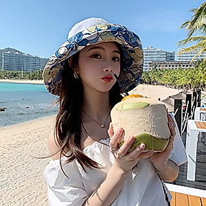 HUAMULAN Women Wide Brim Summer Sun Hat Floral Beach Lady Fishing Bucket Hats Reversible Foldable Travel UV Protection Windproof