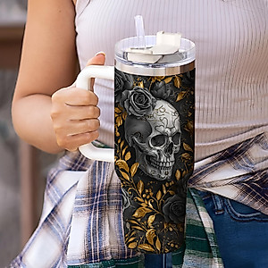Hyturtle Personalized Gothic Skull Tumbler - Sunflower Gifts For Skeleton Lovers - Horror Lover Gifts - Gift For Women On Halloween - Spooky Tumbler - Custom Travel Coffee Cup 40oz With Lid And Straw