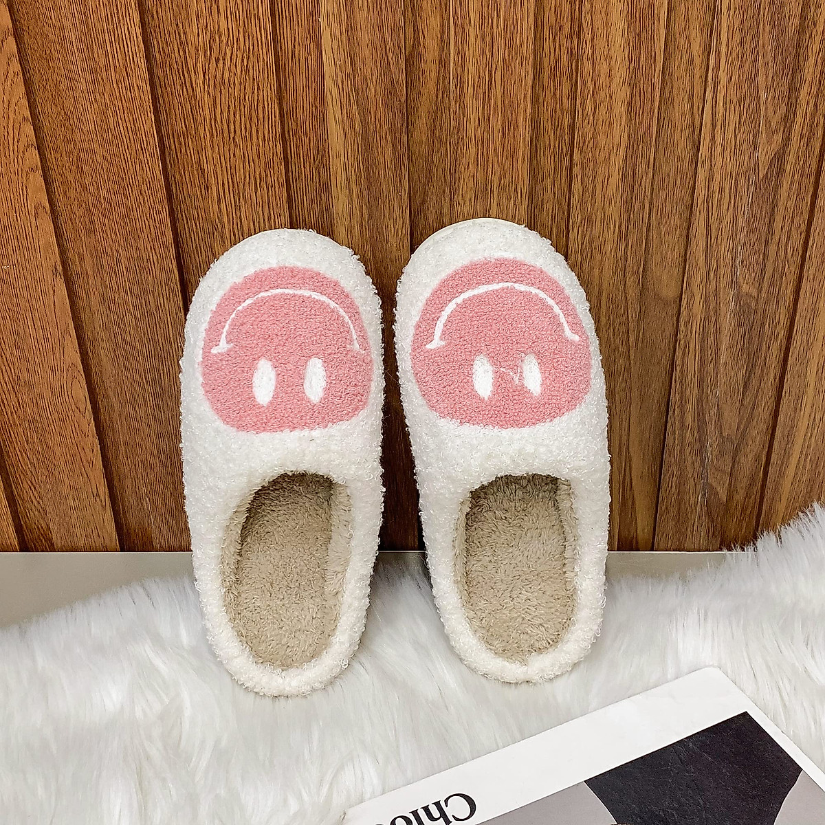 PLMOKN Slippers for women indoor and outdoor men open toe fluffy cute smile face slippers,B-Pink/8.5-9.5