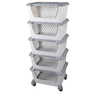 Kiddream 5 Tiers Plastic Stackable Baskets with Wheels, Grey Stacking Organizer Basket Bins