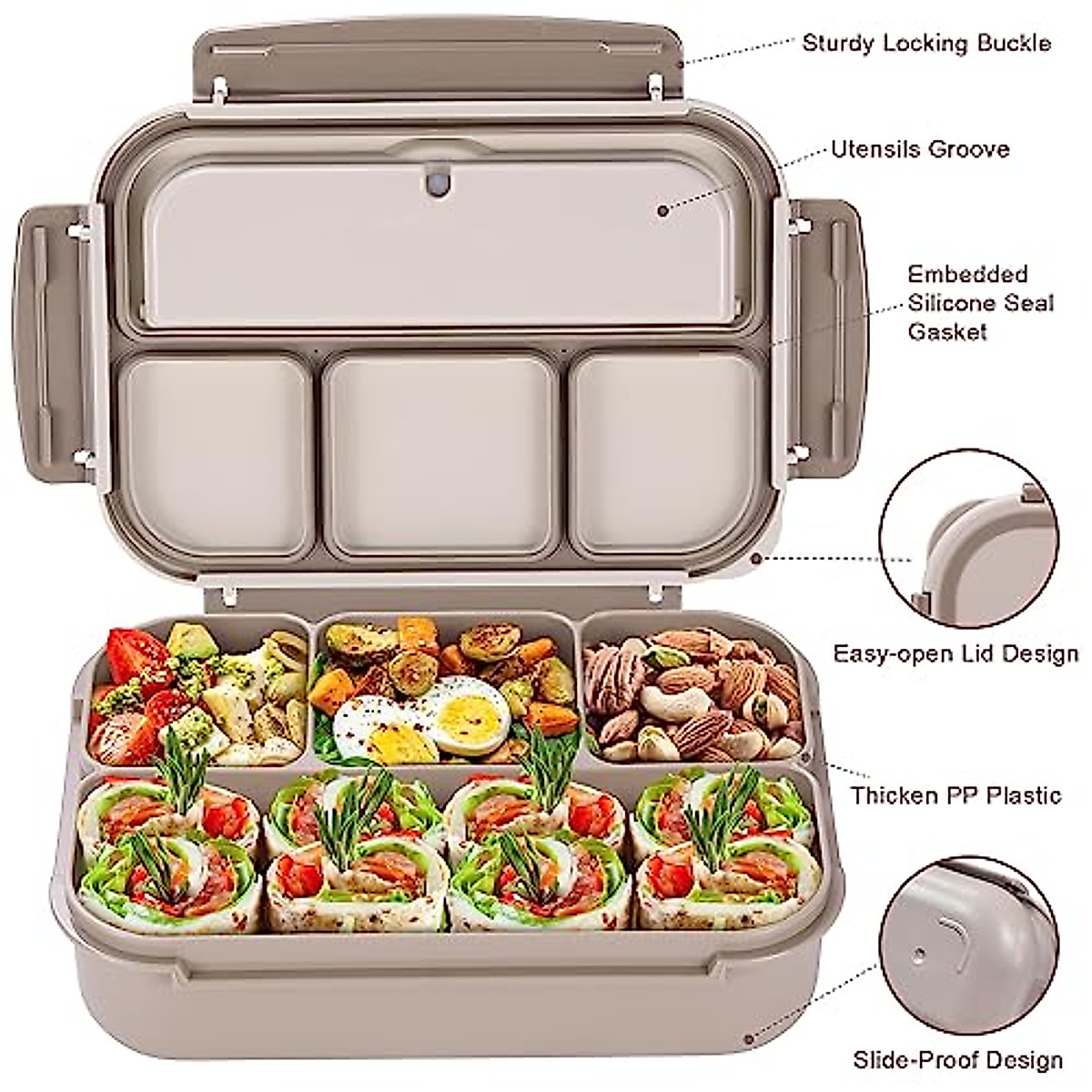 Bento Box Adult Lunch Box, Lunch Containers for Adults Men Women with 4 Compartments, Lunchable Food Container with Utensils, Sauce Jar, Muffin Liners, 40 Oz/5 Cup, Microwave & Dishwasher Safe, Brown