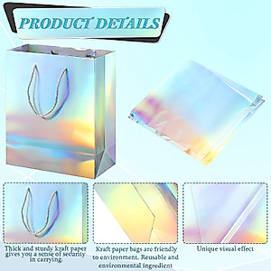 12 Pieces Iridescent Bags with Handles, Holographic Laser Paper Packaging Bags, 12x10x5 inch Christmas Packaging Tote Bags with Iridescent Films, Handmade DIY Bags, Wedding Valentine Paper Bags