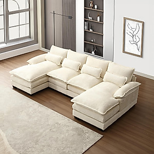 Modern Sectional Sofa Couch, Comfy U Shape Cloud Couch with Double-layer Cushion, Oversized 6 Seater Sofa with 4 Pillows, Upholstered Deep Seat Couch for Living Room, Office, Apartment, Beige Chenille