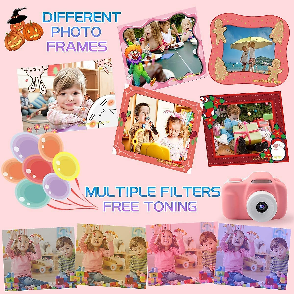 Kids Camera for Girls Age 3-9, Cameras with Flash Toy Gifts for Christmas Birthday, Selfie Video Digital Camera with Cartoon Stickers for Preschool Children 3 4 5 6 7 8 9 Years Old (Pink)