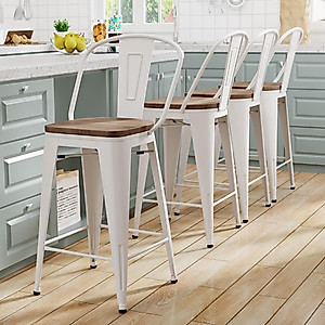 Yongqiang 24" Metal Bar Stools Set of 4 Kitchen Counter Height Bar Chairs High Back Farmhouse Barstools with Large Wooden Seat Cream White