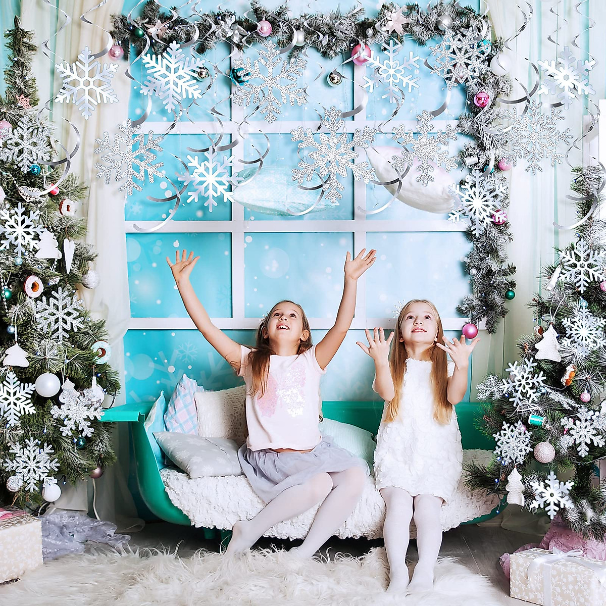 Containlol 30 Pieces Snowflake Hanging Swirls Decorations, Christmas Ceiling Decor Purple Blue White Snowflakes for Winter Holiday New Year Birthday Party Favors Baby Shower Supplies (Silver)