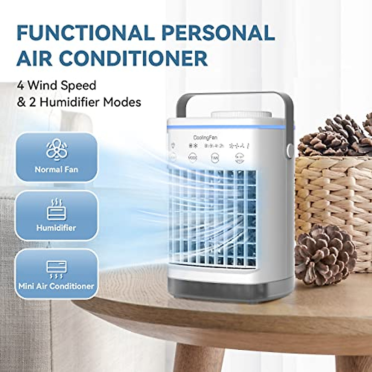 Portable Air Conditioners, Personal Evaporative Air Cooler with 4 Wind Speed & LED Light, Top Fill 700ML Mini Air Conditioner, Small Desktop Quiet Cooling Fan for Room, Office, Car, Outdoor