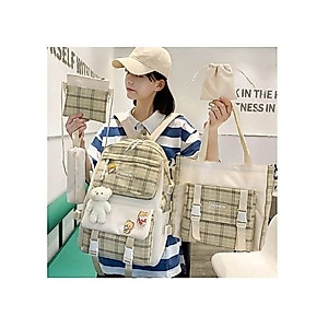 Mordelar 5Pcs Canvas School Backpack Combo Set with Kawaii Bear Pendant Cute Pins Plaid Check Handle Shoulder Tote Bag Schoolbag (Khaki)
