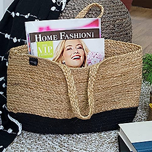 CHARDIN HOME Boho braided Jute Bag in all Natural Jute and black cotton | 12x16 in | Versatile, decorative, sturdy, stylish, bohemian all natural tote bag for shopping, storage, laundry or home décor
