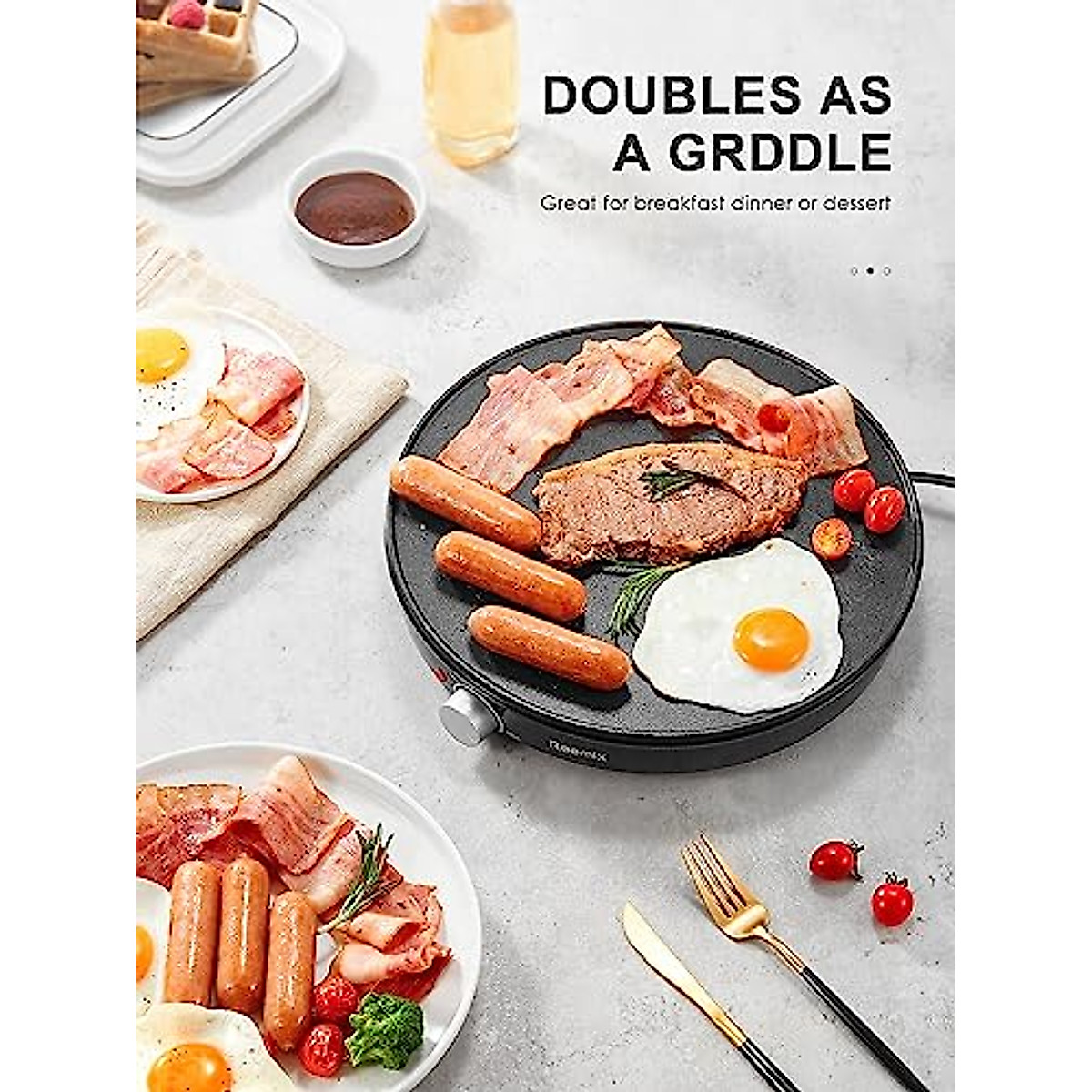 Crepe Maker Machine, Reemix Compact Pancake Griddle Precise Temperature Control, Nonstick 12” Electric Griddle, Batter Spreader for Eggs, Pancakes, Omelets and Quesadillas, Includes Spatula, Spreader