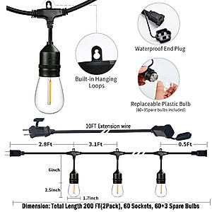 Skeerei 200FT String Lights for Outside LED Patio Lights Outdoor Waterproof with 63 Shatteproof Edison Lights Outdoor String Lights 2200K Outdoor Lights for Patio Gazebo Pergola Café