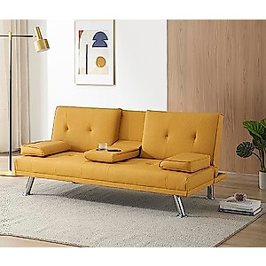 Anwick Modern Leather Futon Sofa Bed,Convertible Folding Couch Recliner Sleeper Loveseat for Small Space,Apartment,Office,Dorm,with Cup Holders and Removable Armrest (Yellow)