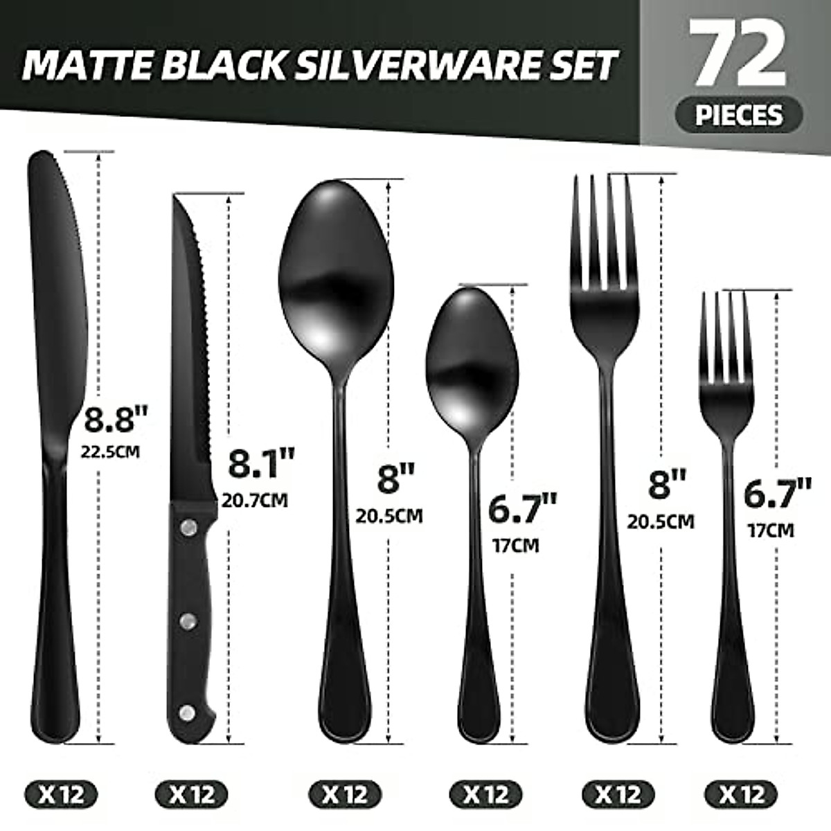 72 PCS Matte Black Silverware Set with Steak Knives for 12, Food-Grade Stainless Steel Flatware Cutlery Set For Home Restaurant Hotel, Kitchen Utensils Set, Dishwasher Safe