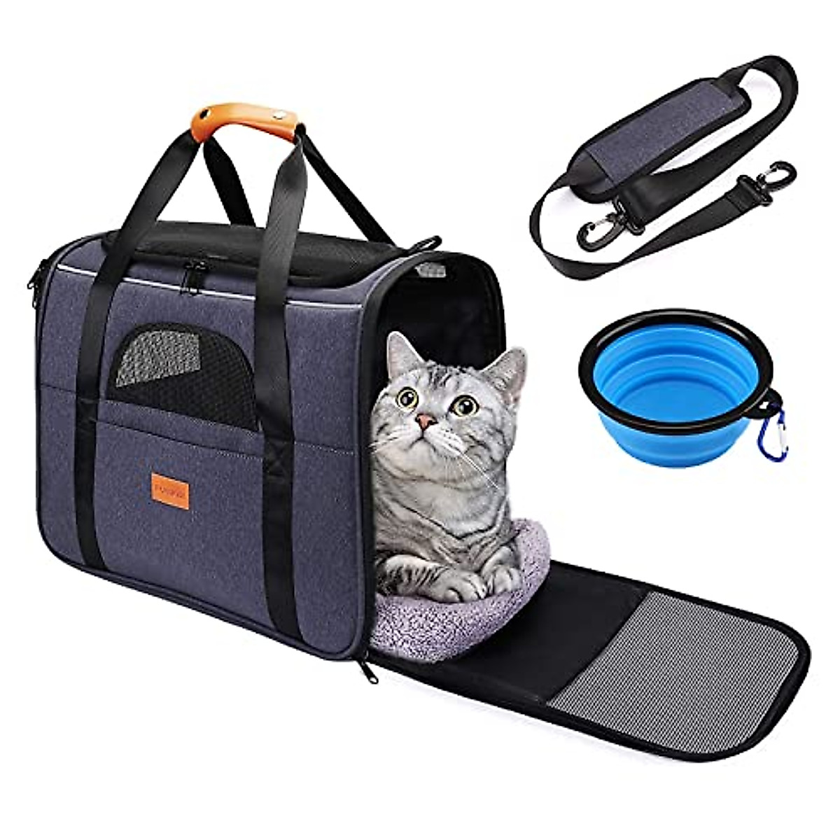 Pueikai Cat Carrier (Airline Approved) Dog Carriers for Small Dogs Breathable Mesh Pet Carrier with Adjustable Shoulder Strap and Pet Bowl, Pet Travel Carrier, Pet Cage with Locking Safety Zippers