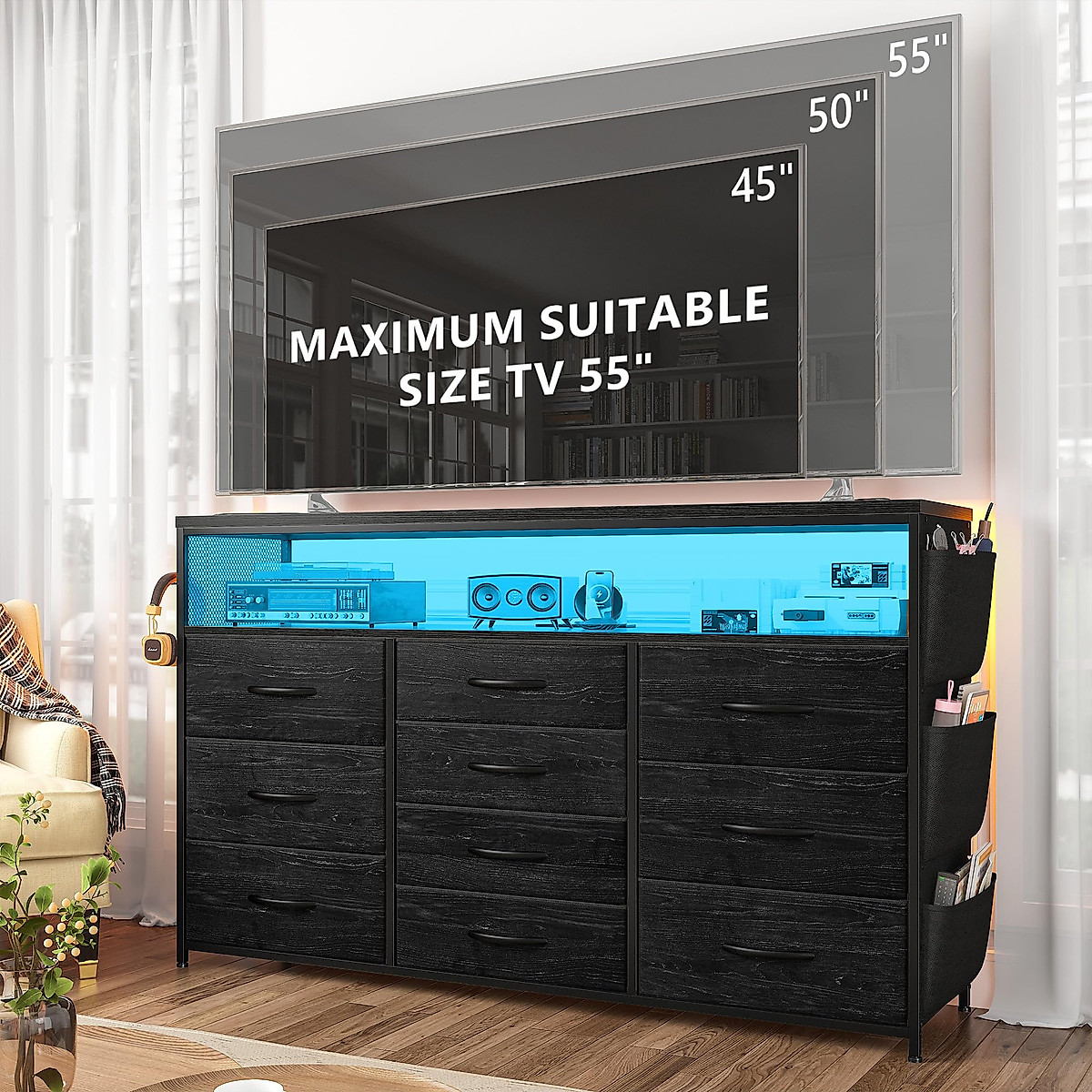EnHomee 10 Drawer Dresser for Bedroom with Wood Open Shelves，55" TV Stand for Bedroom with Power Outlets and LED Lights，Fabric Dressers & Chest of Drawers with Side Pocket，Living Room，Closet，Black