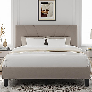 Novilla Queen Bed Frame with Headboard, Bed Frame Queen Size with Wood Slats Support,Linen Upholstered Adjustable Headboard, No Box Spring Needed, Heavy Duty Feet, Easy Assembly, Beige