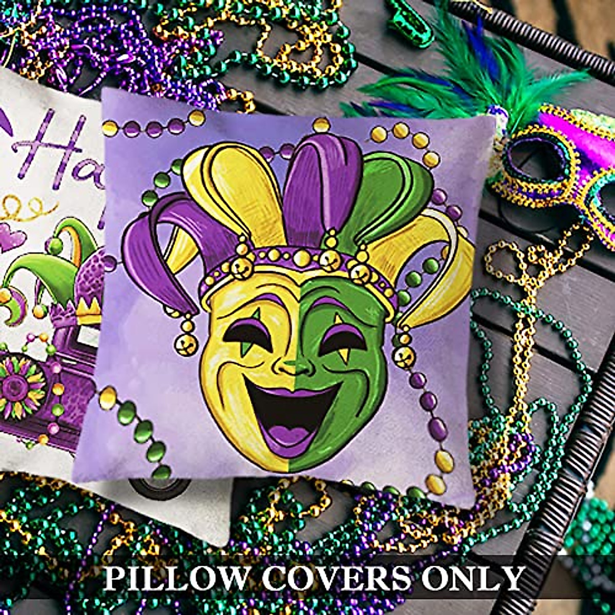 JOJOGOGO Mardi Gras Decorations Outdoor Throw Pillow Covers 18x18 Waterproof Set of 4 Happy Mardi Gras Fat Tuesday Decor Carnival Theme Masquerade Party Decorations for Front Porch and Patio Furniture