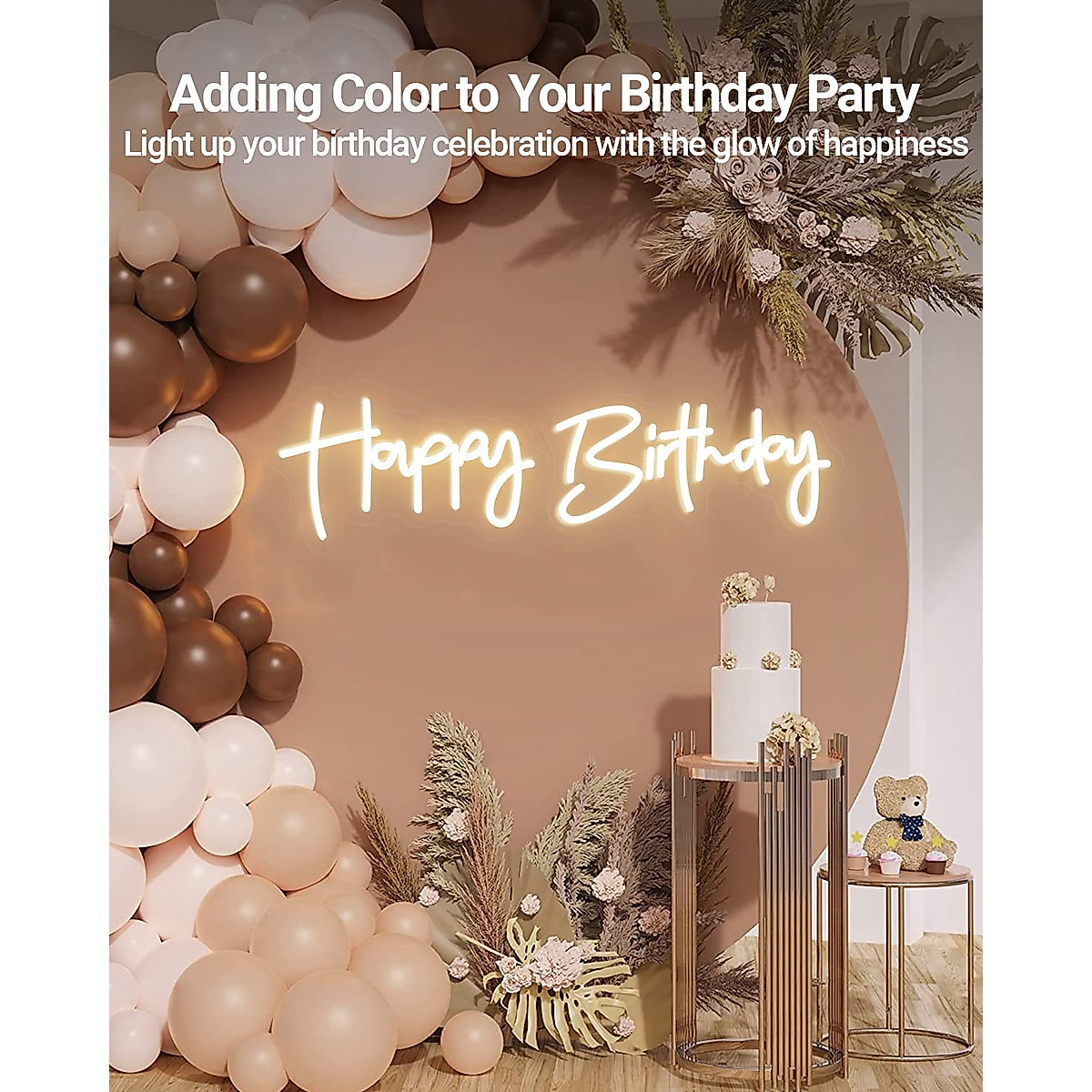 30x8 Inch Happy Birthday LED Neon Sign for Backdrop Decor, Happy Birthday Light Up Sign Adjustable with Stepless Dimmer, 12v Adapter and Hanging Chains for Birthday Party Decoration (Warm White)