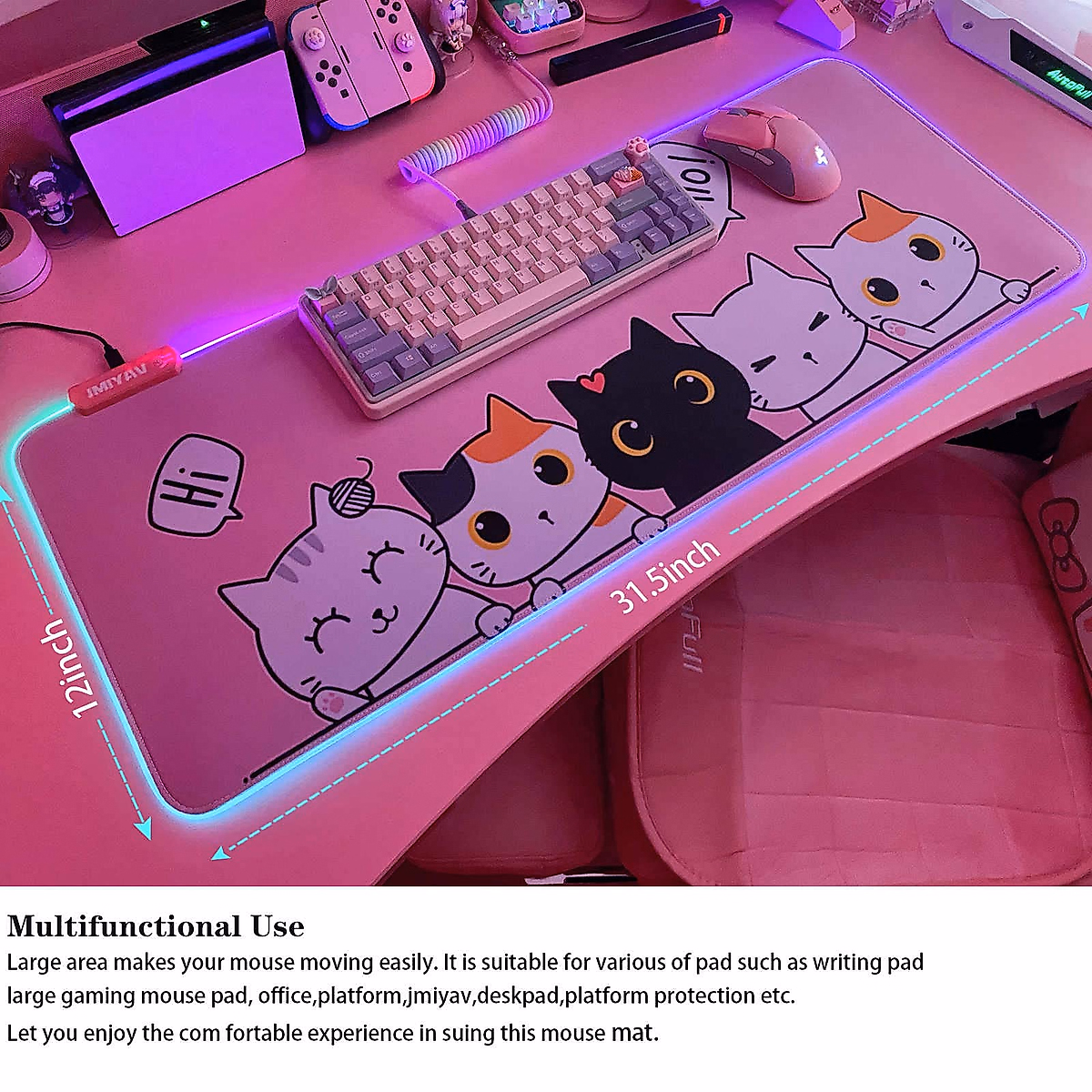 Pink Kawaii Cat RGB Gaming Mouse Pad 31.5x12 Inch PC XL Large Extended Glowing Led Light Up Cool Mouse pad Desk Pad Non-Slip Rubber Jmiyav Computer Mouse Pad Cute Mousepad Mat 31.5x12 Inch