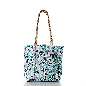 Sea Bags Recycled Sail Cloth White Anchor on Sea Glass Print Handbag Shoulder Bag, Small Tote Bag Rope Handles, Clasp Closure Rope Handles
