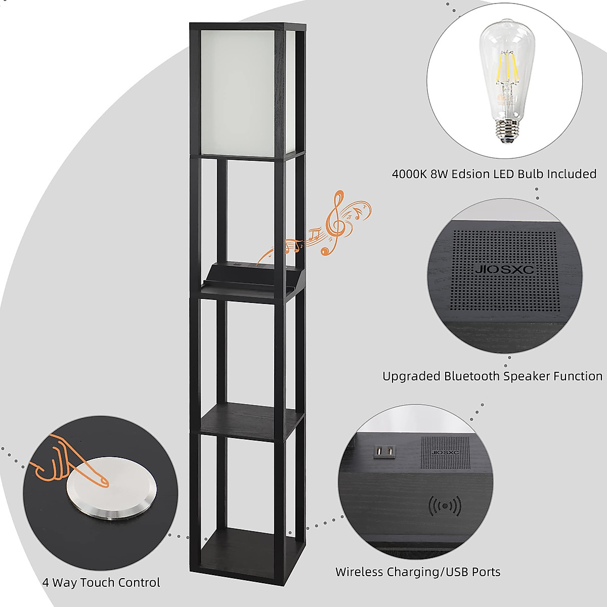 Touch Control Shelf Floor Lamp With QI Wireless Charging Station, Modern Dimmable LED Floor Lamps with Shelves, 2 Fast Charging USB Ports , Skinny Standing Floor Lamp for Living Room, Bedroom (Black)
