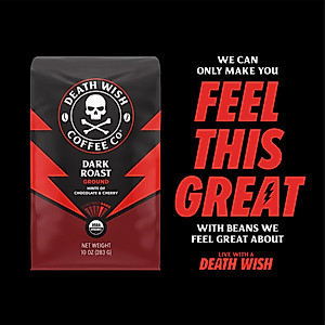Death Wish Coffee, Whole Bean Dark Roast - USA Organic Coffee Beans Bundle/Bulk - Fair Trade Arabica & Robusta - 16 Ounce (Pack of 2)
