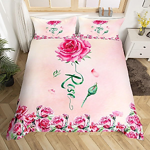 Girls Pink Rose Bedding Set,Garden Flowers Duvet Cover for Teens,Kids Watercolor Floral Comforter Cover Decorative Room,Children Ocean Quilt Cover with 2 Pillowcases,Full Size