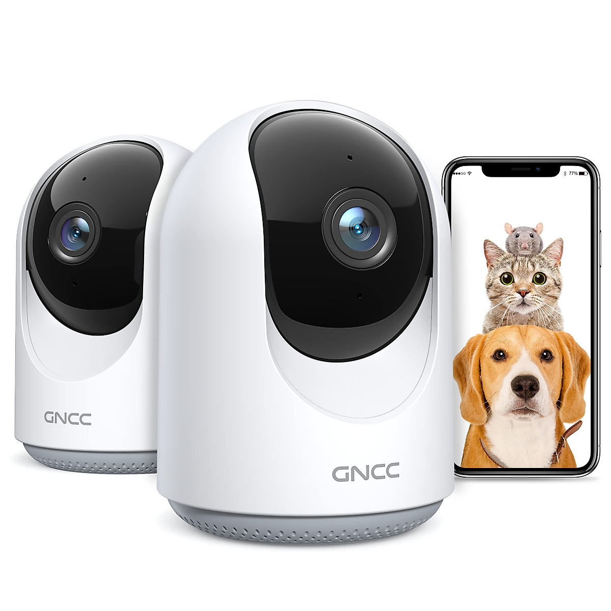 GNCC Pet Camera with Phone APP, Indoor Camera for Baby/Pet/Security(2 Pack), Wi-Fi Camera with Motion/Sound Detection, SD&Cloud Storage, 2-Way Audio, Horizontal Remote, Manual Up and Down