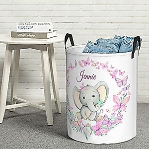 Puurbol Custom Cute Baby Elephant Laundry Hamper with Name Personalized Gifts Butterfly Laundry Baskets For Bathroom
