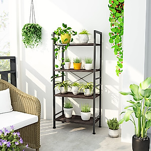 DKLGG 4-Tier Storage Shelves, Bookshelf, Wood Bookcase with Metal Frames and Standing Shelving Unit, Industrial Design Open Standing Organizer for Living Room, Bathroom, Balcony, Office, Rustic Brown