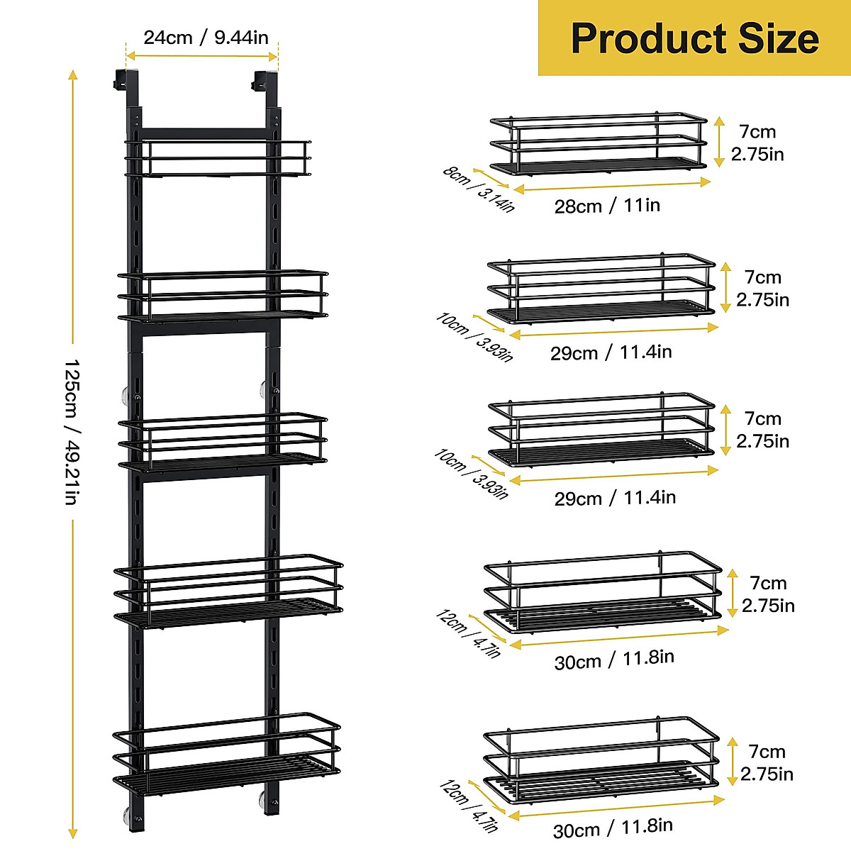 Vetacsion Pantry Door Organizer 12 Inch Wide, 5 Tier Hanging Adjustable Over the Door Spice Rack For Narrow Space