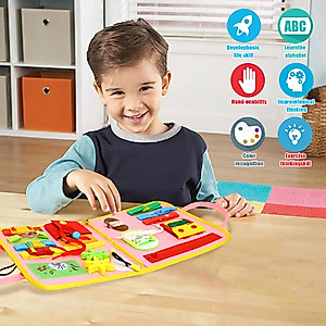 Orlashop Busy Board Montessori Toys for Toddlers Preschool Autistic Travel Educational Toys Learning Basic Dress Skills Sensory Toys for 1 2 3 4 Year Old Boys Girls Birthday Gift for Kids,Pink