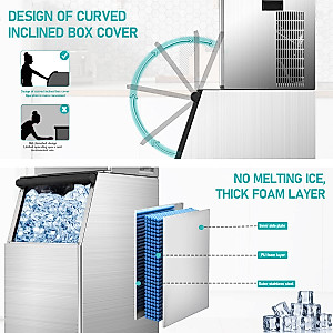Commercial Ice Maker, SodaPer 110V Automatic Ice Making Machine Stainless Steel 472 lbs/24H, Storage Capacity 350 lbs, Freestanding Ice Maker Machine for Office/Restaurant/Bar/Coffee