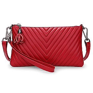 YALUXE Womens Wristlet Real Leather Chevron Tassel Large V Clutch Wallet with Shoulder Strap