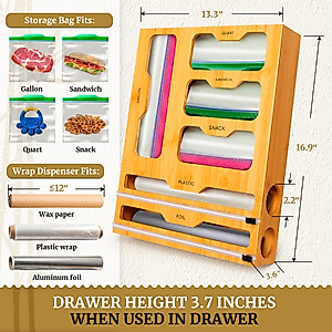 ZEMAKS Bamboo Ziplock bag organizer with foil and plastic wrap organizer for drawer with cutter, compatible with all ziplock bag sizes, any 12 inches roll and 13.5 inches wide drawer
