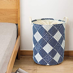 HUAIDE Laundry Basket with Drawstring Closure & Handles Laundry Organizer Hamper Foldable Cotton Laundry Bag Home Dorm Storage Bin Blue+White 1Pc