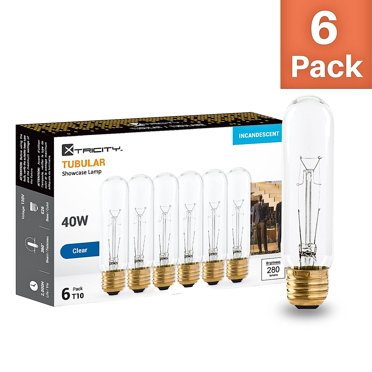 Xtricity 40 Watt T10 Clear Tubular Incandescent Light Bulb, Showcase Lamp, 2700K Soft White, E26 Medium Base, 280 Lumens, 120V, (6 Pack)