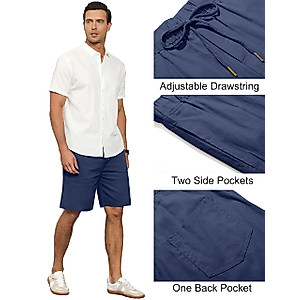 Janmid Men's Linen Casual Classic Fit Short Drawstring Summer Beach Shorts with Elastic Waist and Pockets Navy Blue L