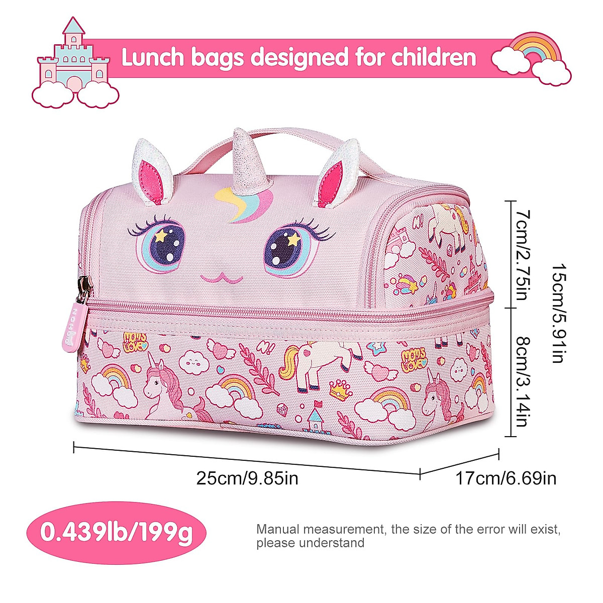 NOHOO Kids Lunch Bag, Insulated lunch bag Cooler Reusable Bilayer Lunch box tote for Women, Girls, Men, Boys, Schools, Offices, Work, Travel, Picnic,Party(Unicorn)