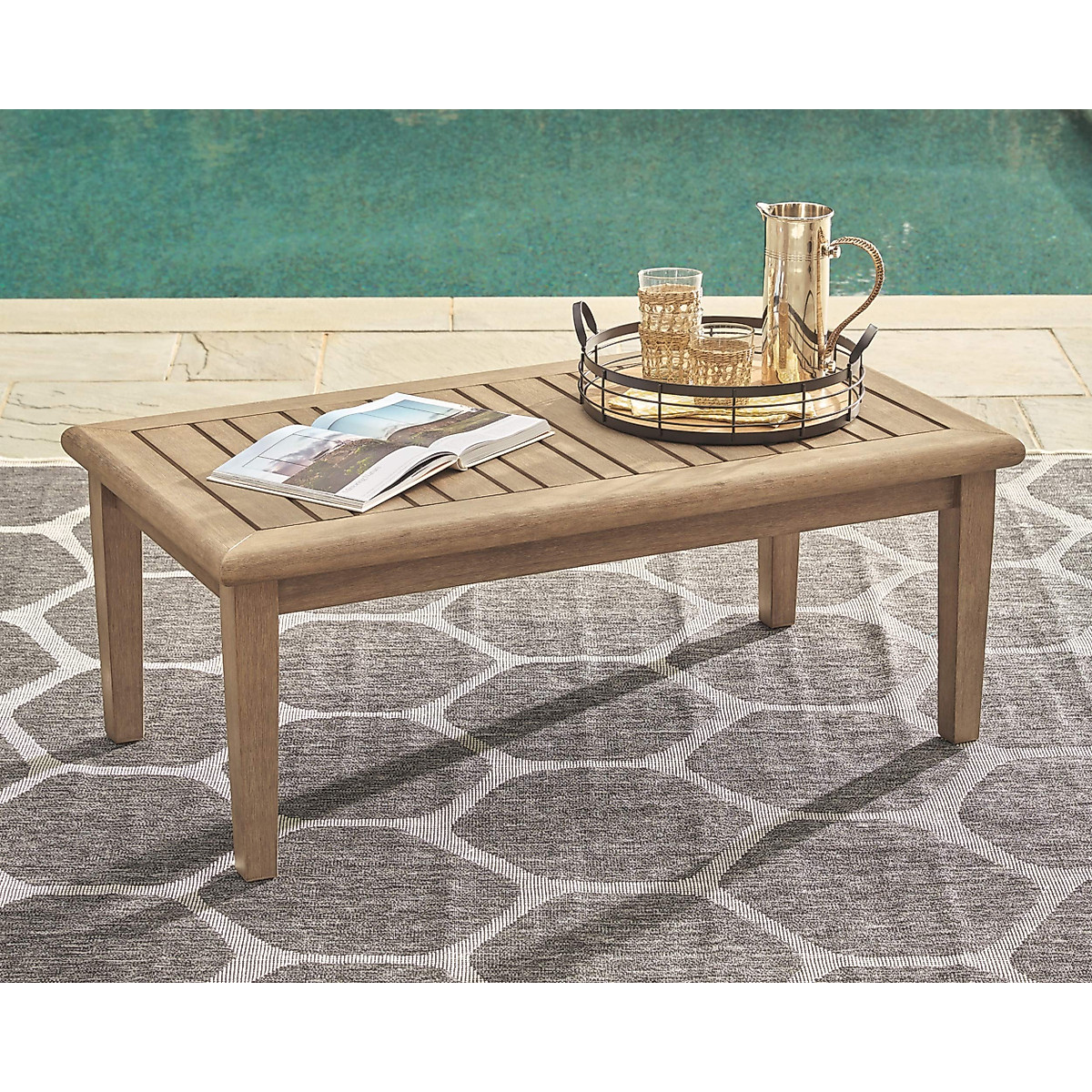 Signature Ashley Clare View Lounge Chair + Gerianne Rectangular Coffee Table Outdoor Set, Beige