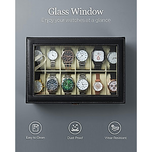 Ohuhu Watch Case, 12 Slot PU Leather Real Glass Lid, Watch Box Watch Holder Organizer Display Storage Box Soft Velvet Jewelry Box for Men and Women Birthday